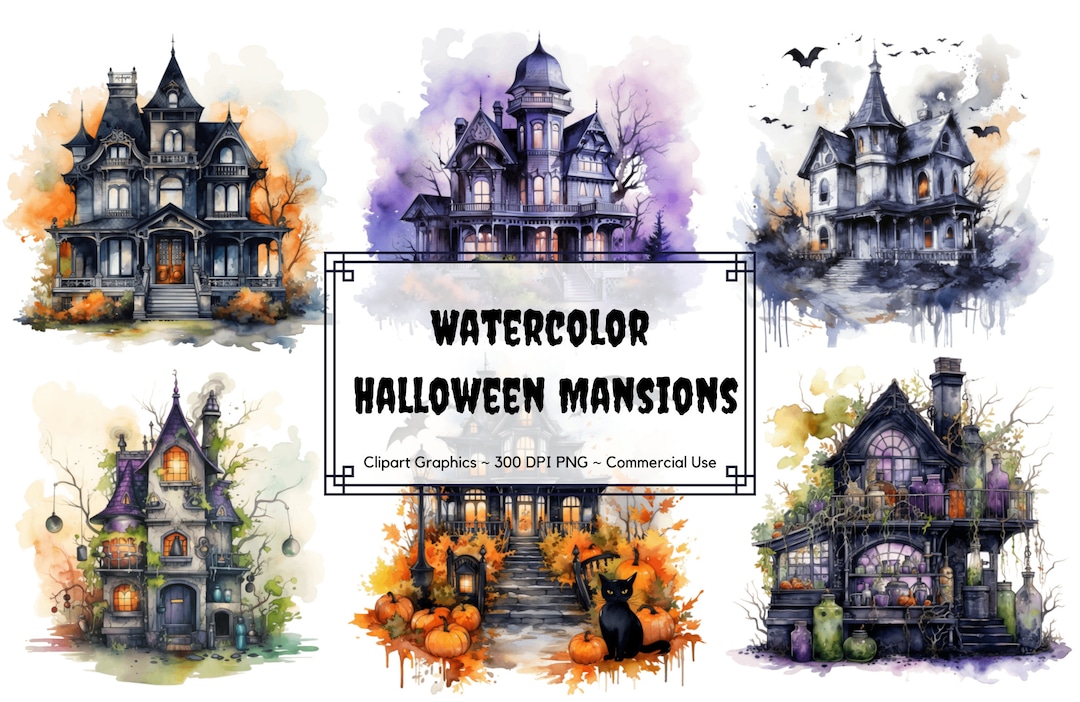 Watercolor Halloween Mansions Clipart Bundle - Halloween Watercolor PNG ...