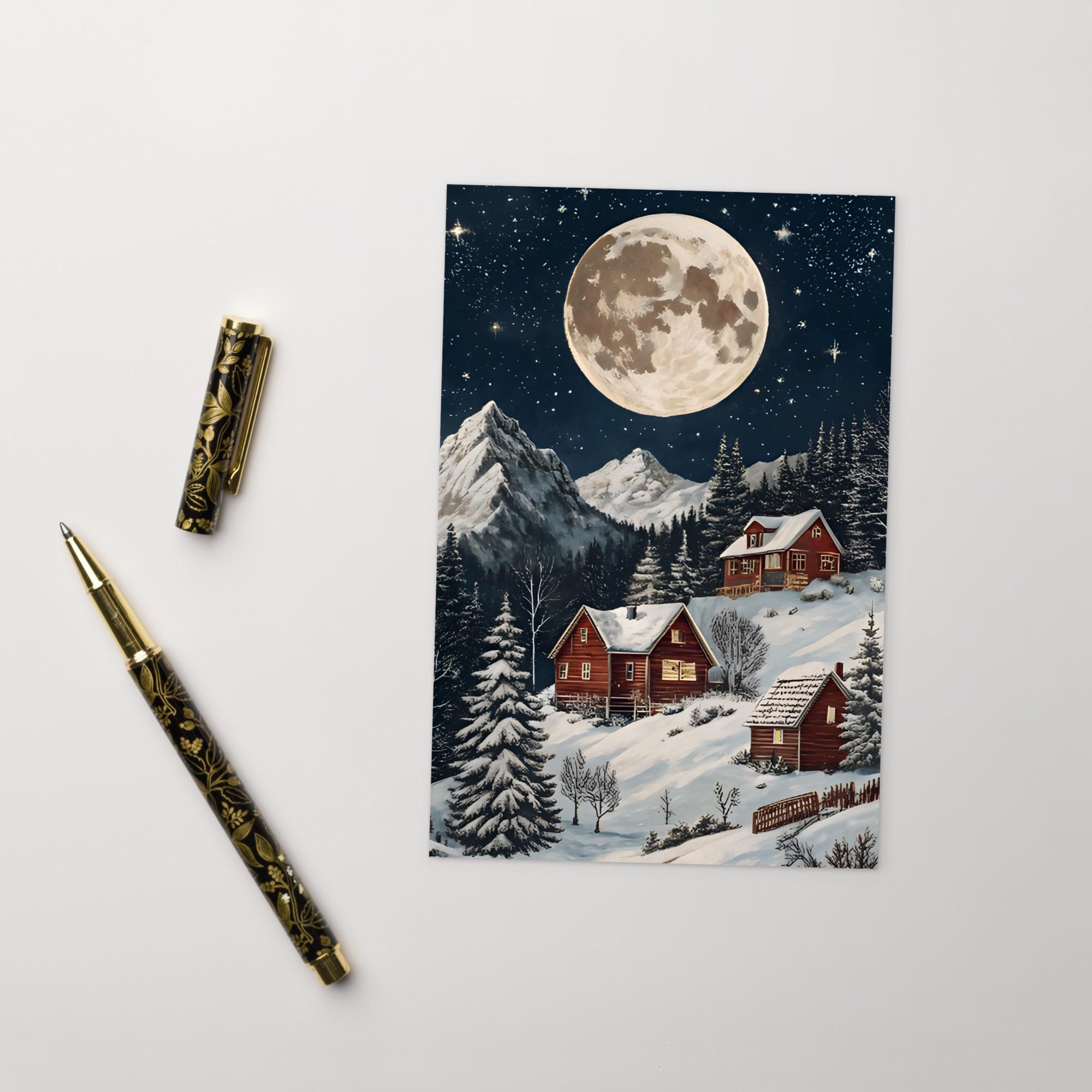 WINTER Postcard, Christmas Postcard, Snow Mountains and Moon Standard ...