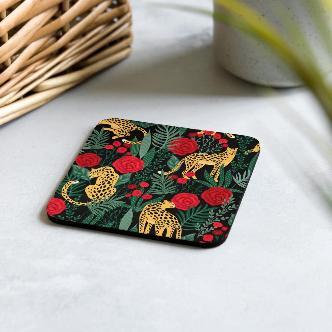 CHEETAH Coaster Red Roses Aesthetic Cork Back Coaster Wild Print ...