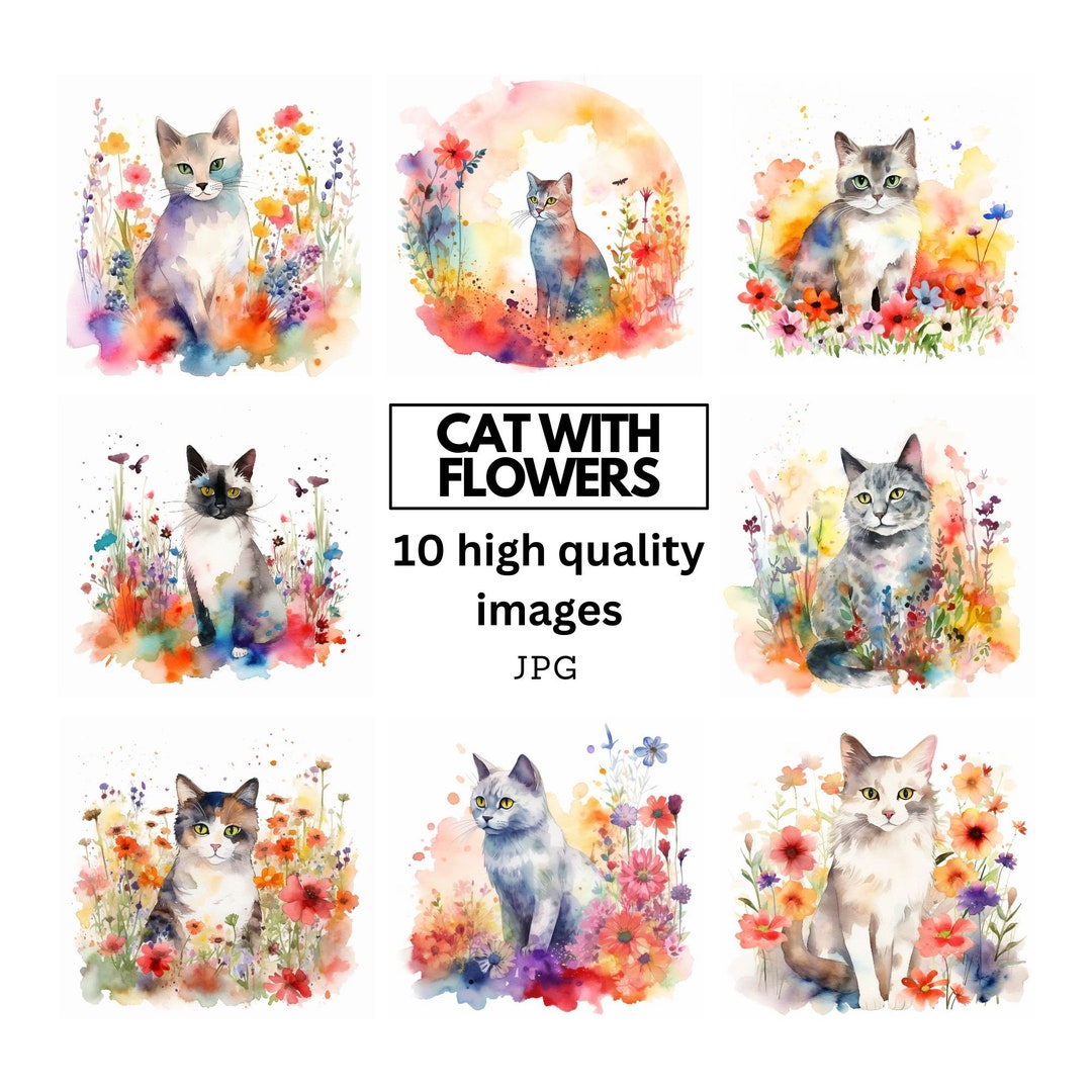 Cat With Flowers Clipart Cat Clipart Flowers Clipart 10 High - Etsy