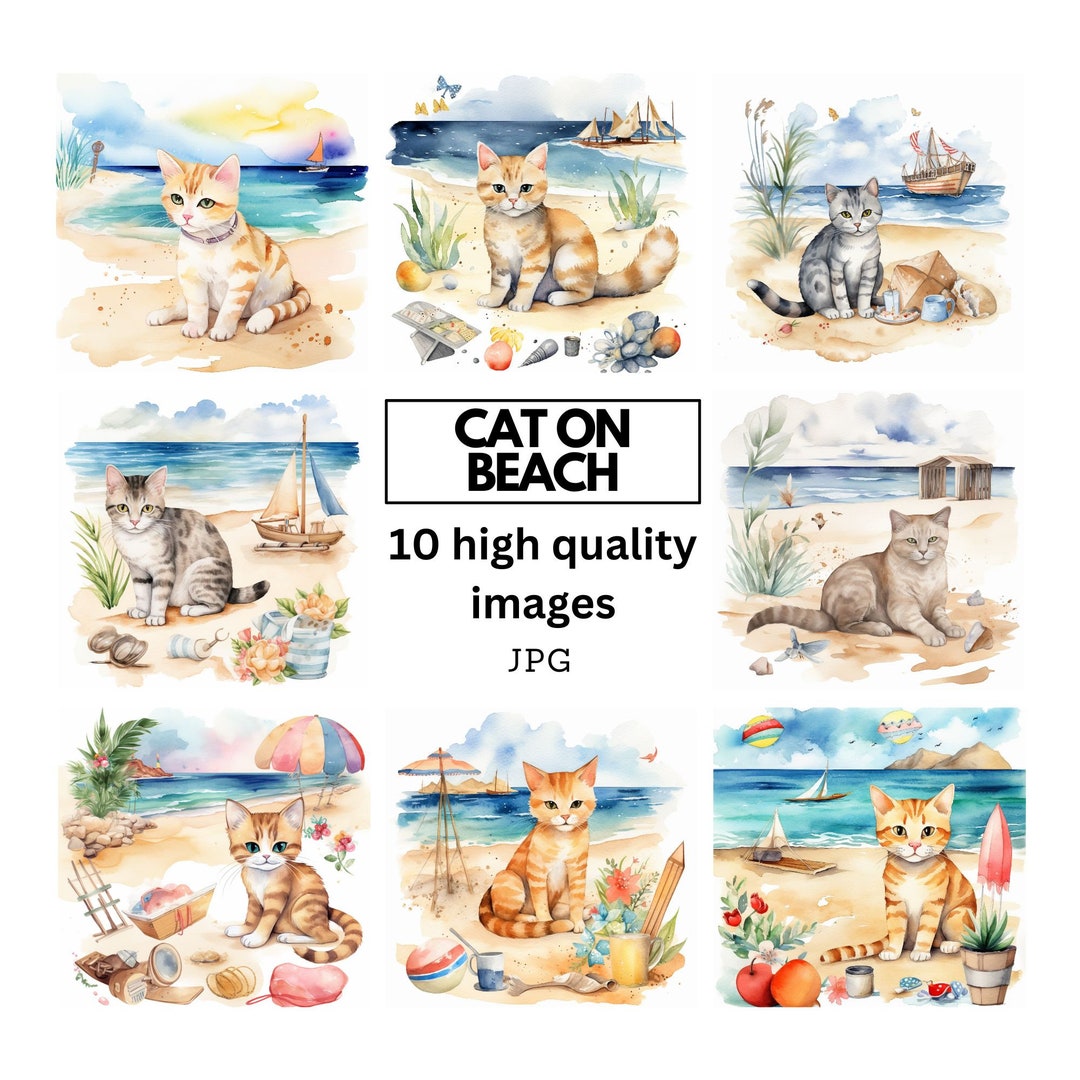 Cat on Beach Clipart Cat Clipart Summer Clipart 10 High - Etsy