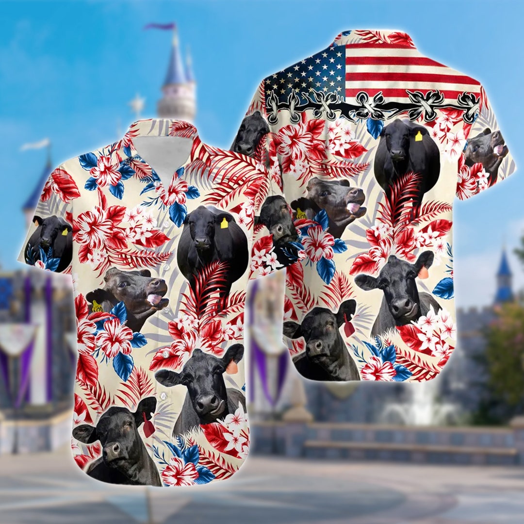 Black Angus Cattle in American Flag Patterns All Over Print Hawaiian ...