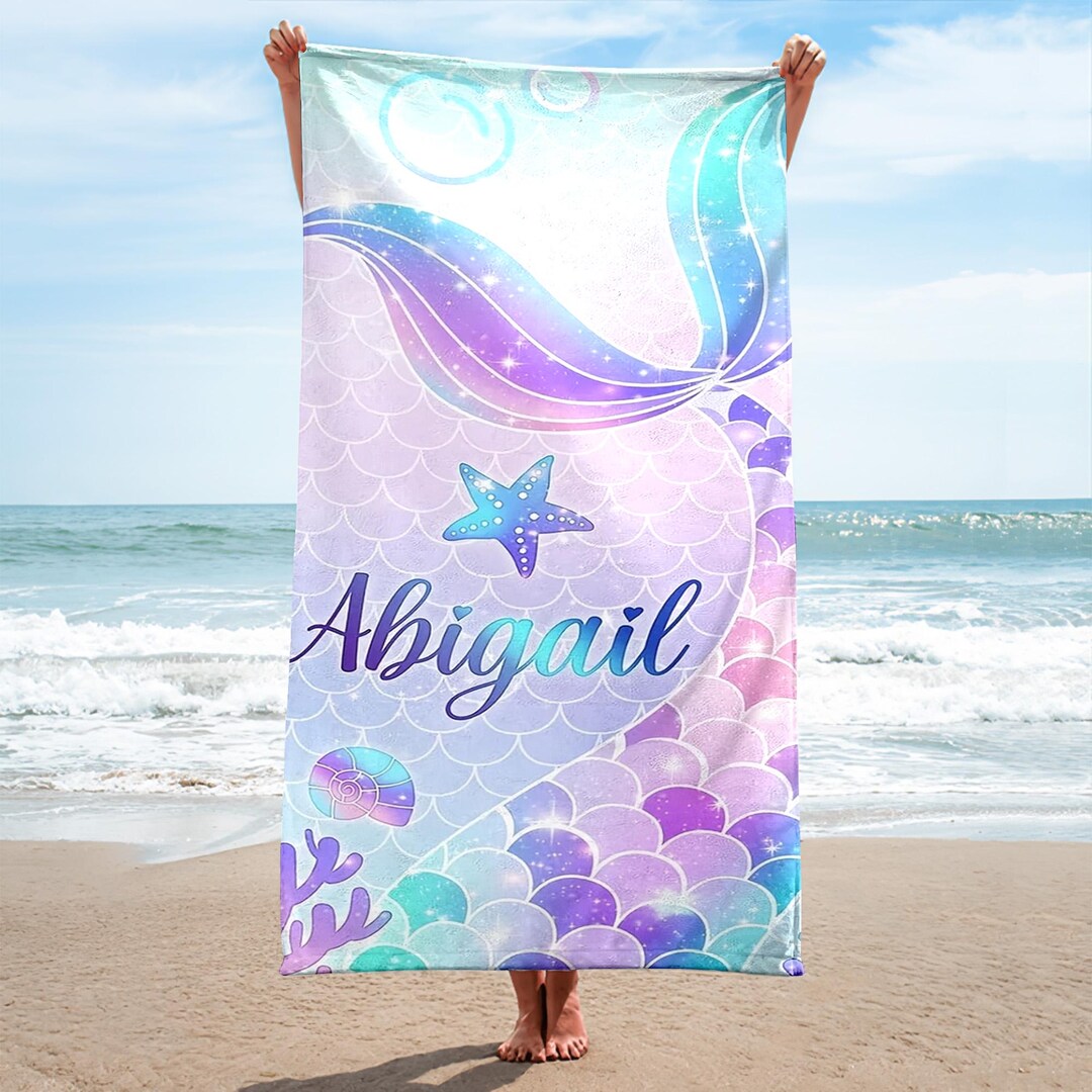 Personalized Mermaid Beach Towel, Cute Mermaid Name Pool Towel, Custom Marine Beach Towel ...