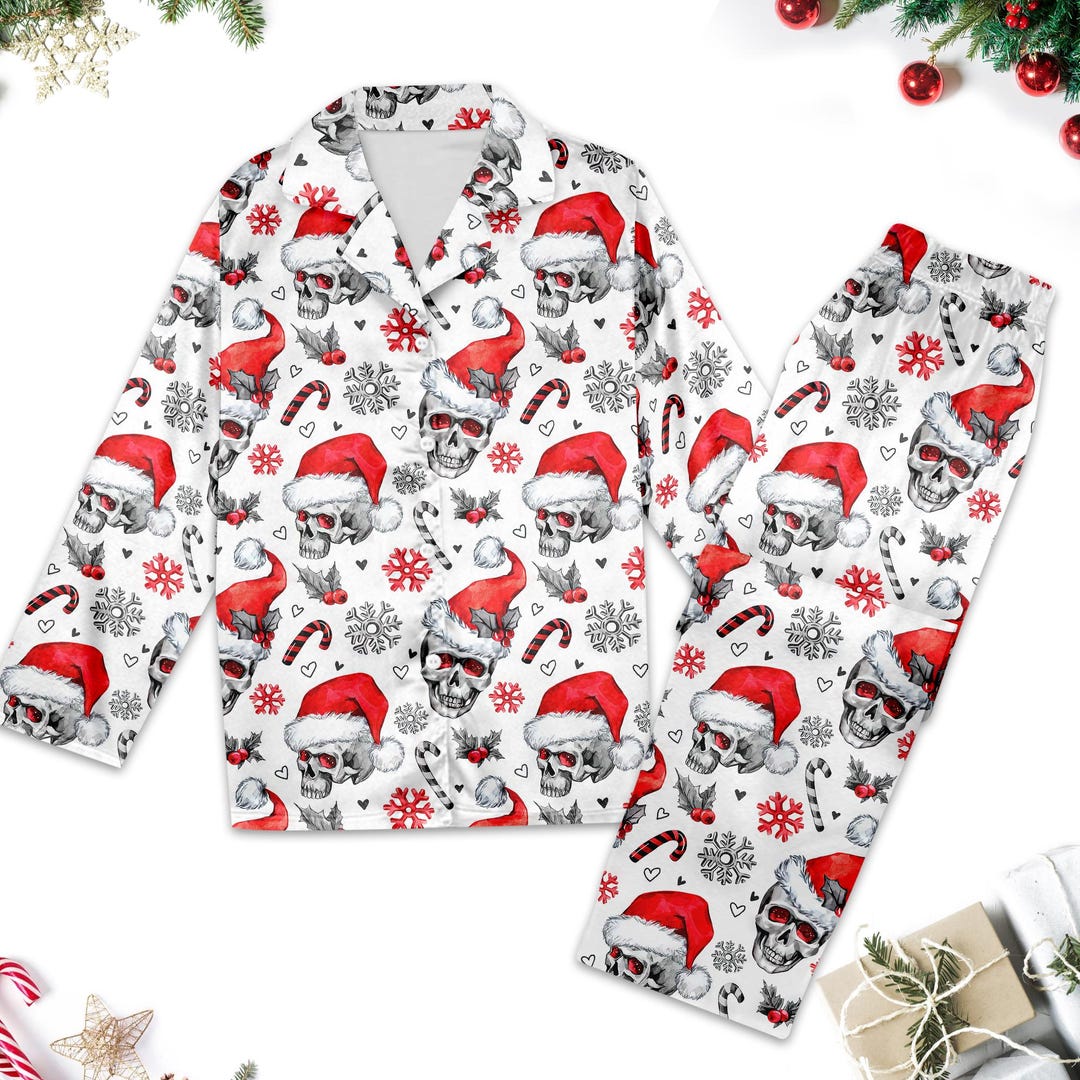 Skull Christmas Pajamas Set, Skulls Christmas Holiday Button up Shirt ...