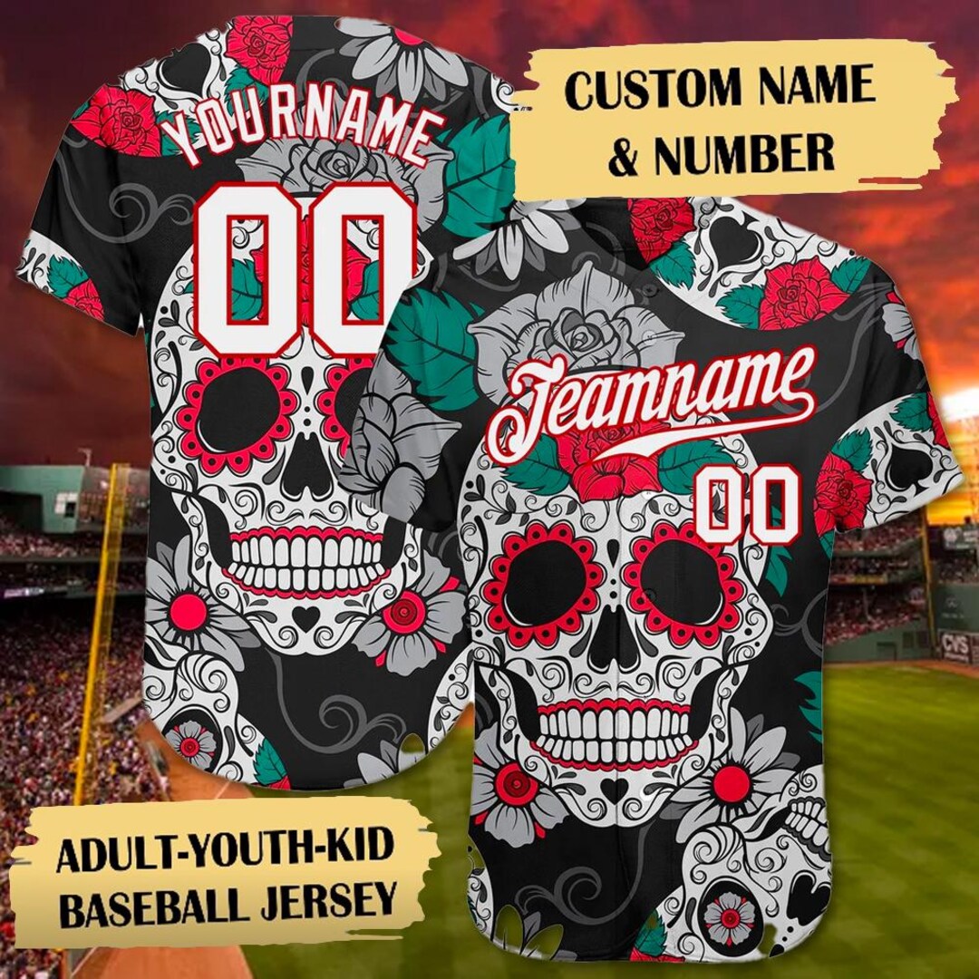 Custom Sugar Skull Baseball Jersey, Dia De Los Muertos Jersey Team, Day ...