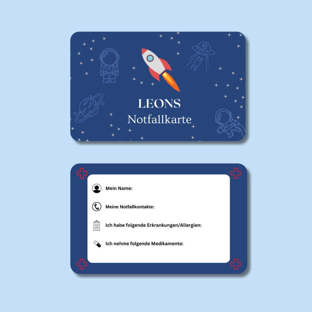 Children's Emergency Card / Emergency Card - Personalized Plastic Card ...