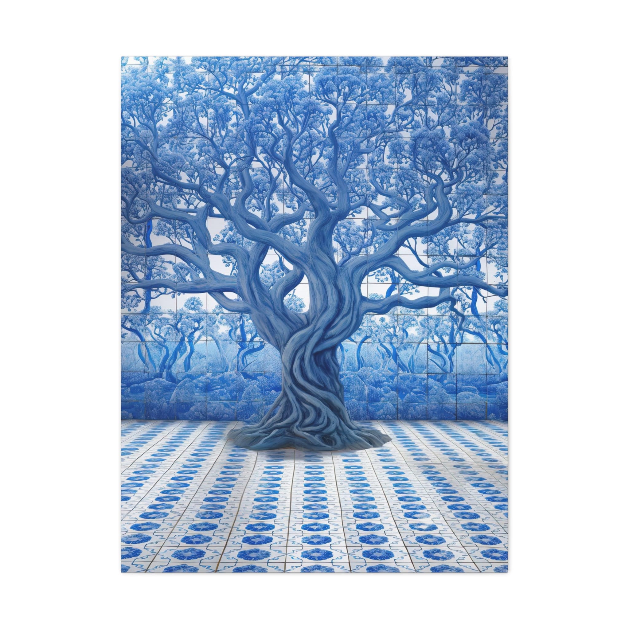 Blue White Banyan Tree Tile Design Canvas Print, Modern Realism, Ready ...