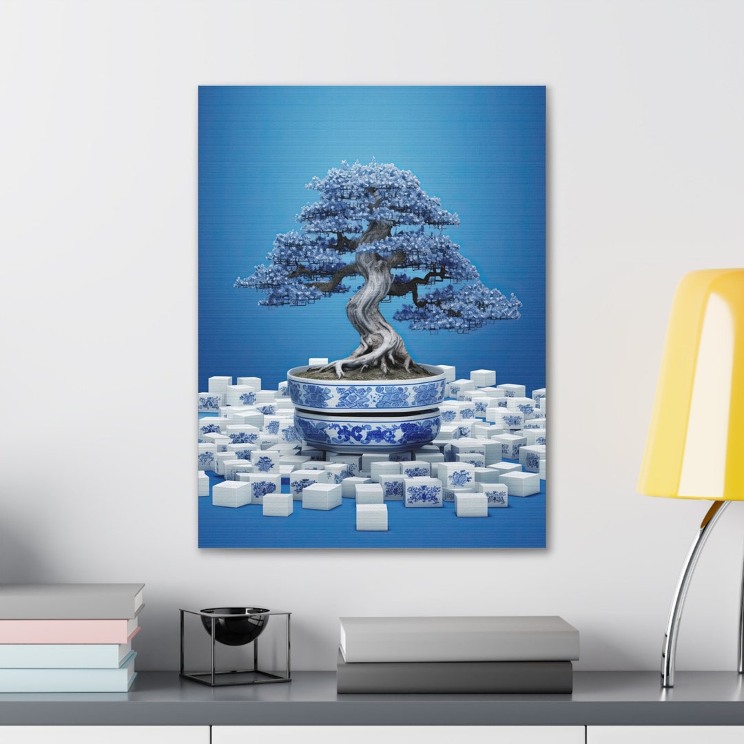 Blue White Bonsai Tree Tile Design Canvas Print, Modern Realism, Ready ...