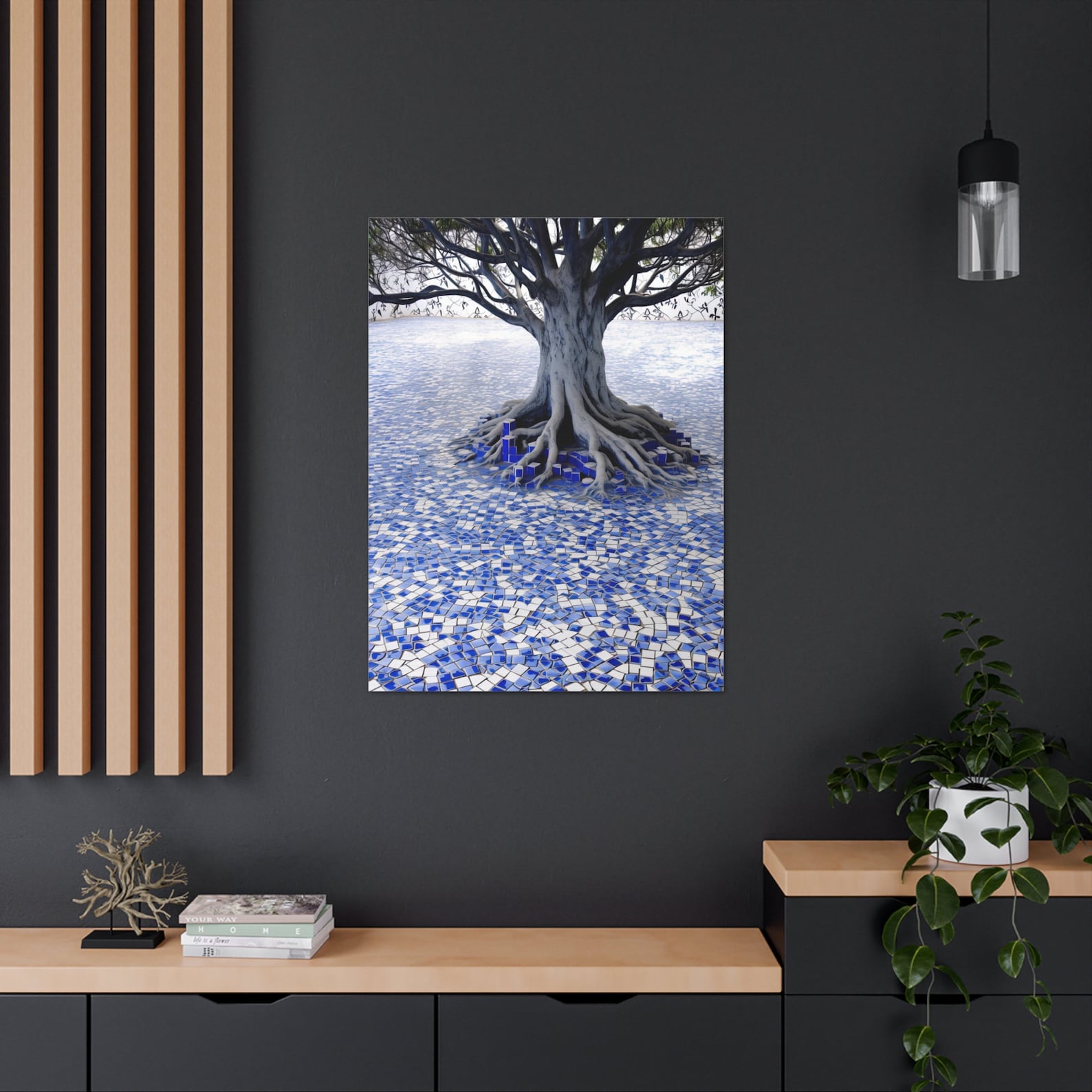 Blue White Banyan Tree Tile Design Canvas Print, Modern Realism, Ready ...