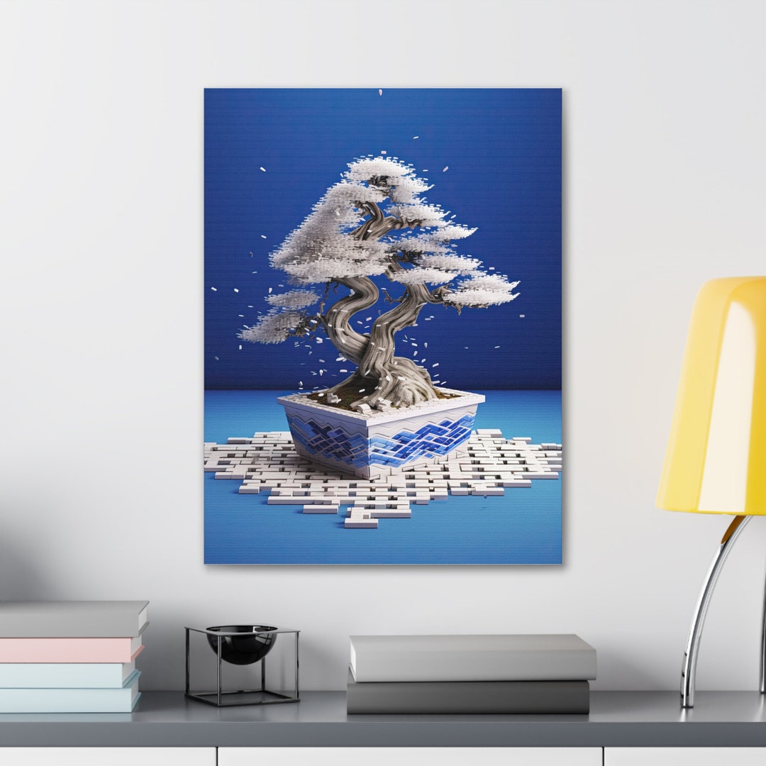 Blue White Bonsai Tree Tile Design Canvas Print, Modern Realism, Ready ...