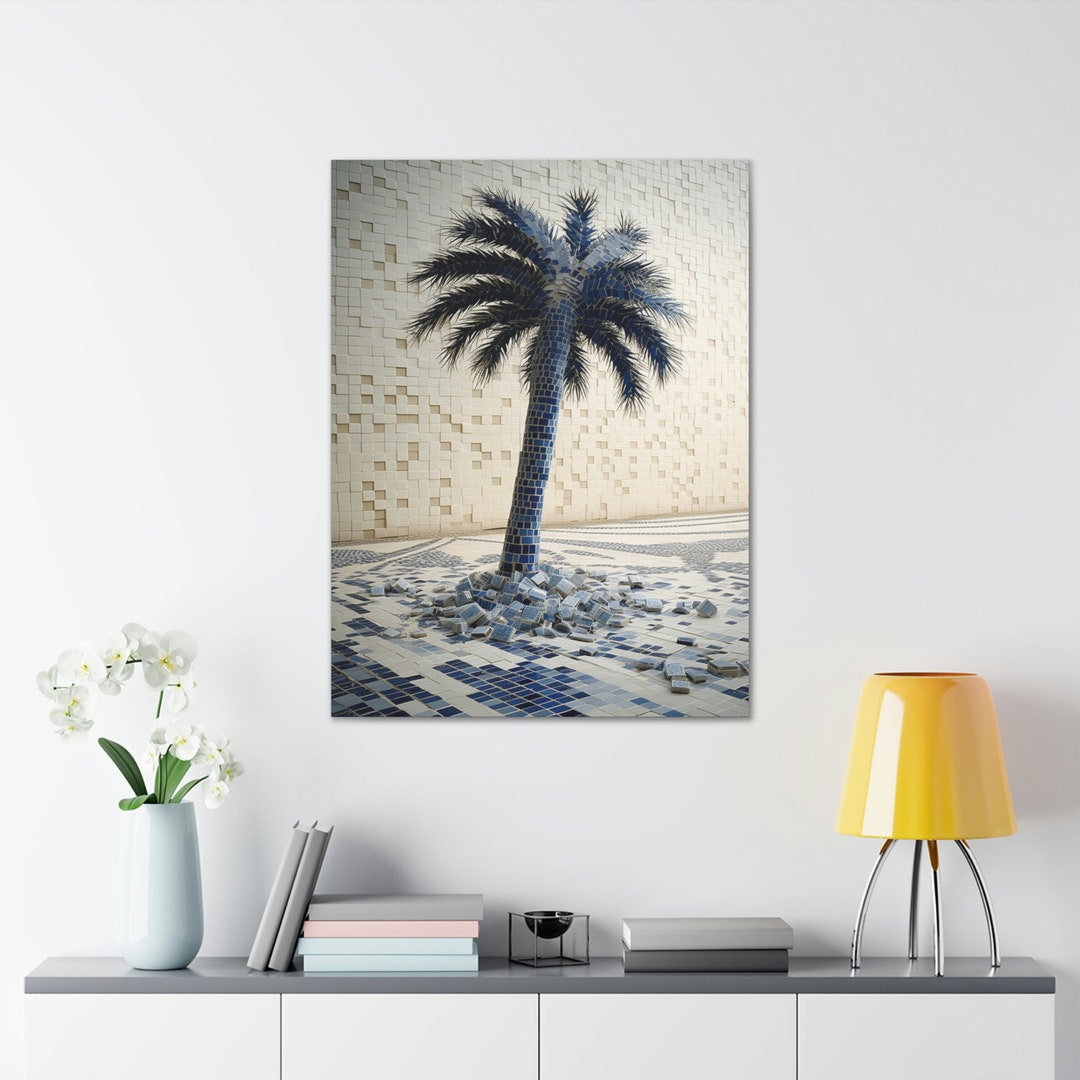 Blue White Palm Tile Design Canvas Print | Modern Realism Palm Tree ...