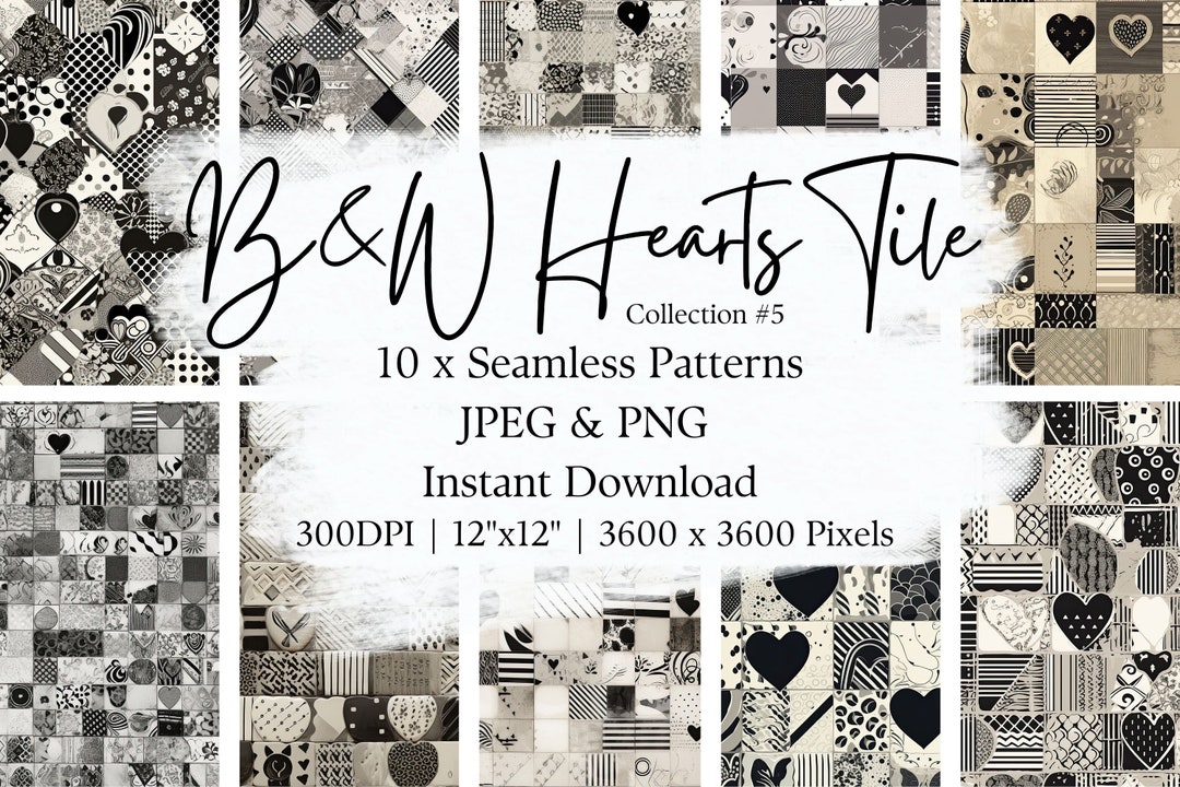 Black White Hearts Tile Pattern, Seamless Pattern Set, Instant Download ...