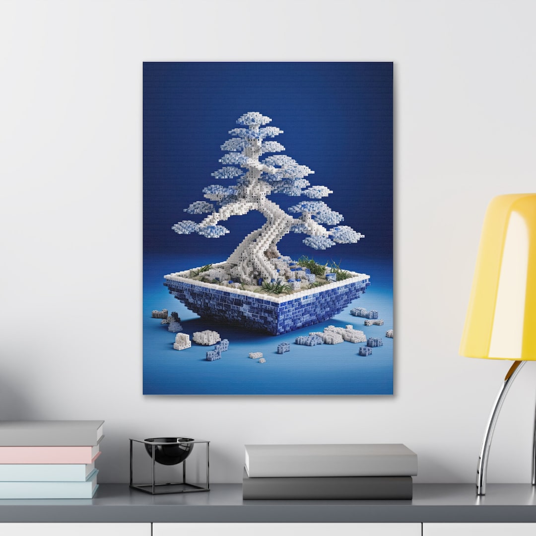 Blue White Bonsai Tree Tile Design Canvas Print, Modern Realism, Ready ...
