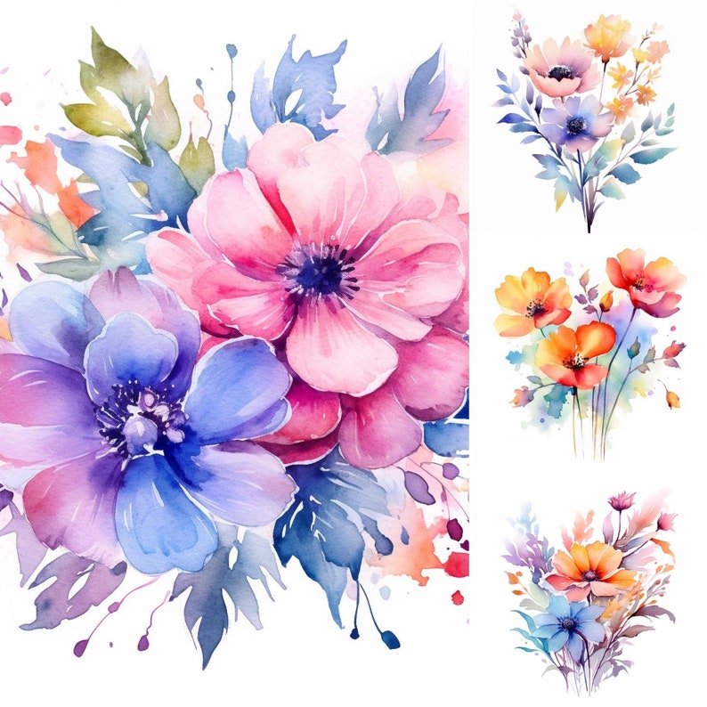 Flower Clipart Bundle 3 Pink Watercolor Clipart Spring - Etsy