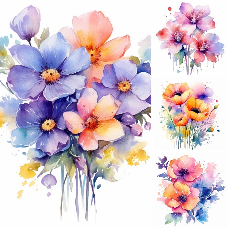 Flower Clipart Bundle #2, Pink Watercolor Clipart, Spring Floral ...