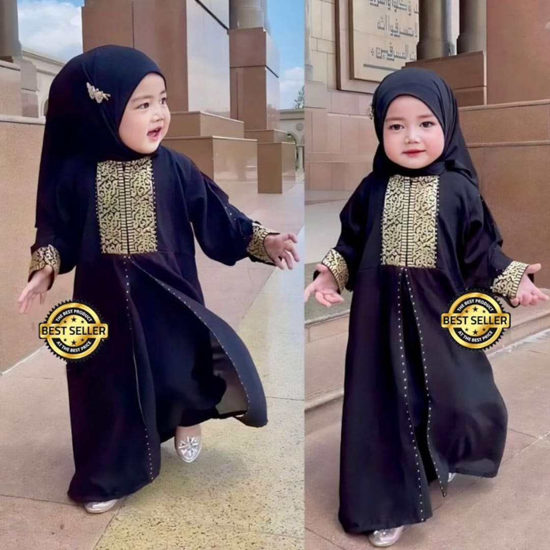 Muslim Dress for Girls Black Abaya Robe Gold, Funny Baby Girl Shirt ...
