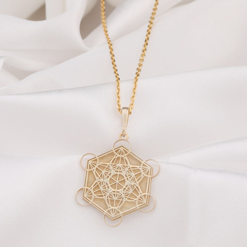 14K Solid Gold Metatron Cube Necklace, Sacred Geometry Merkaba ...