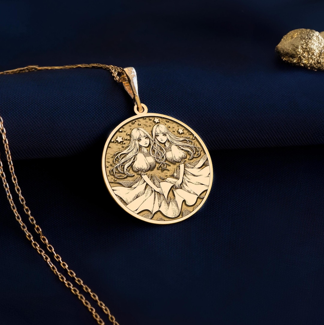 14K Solid Gold Gemini Girls Necklace, Astrological Pendant, Twins Sign ...