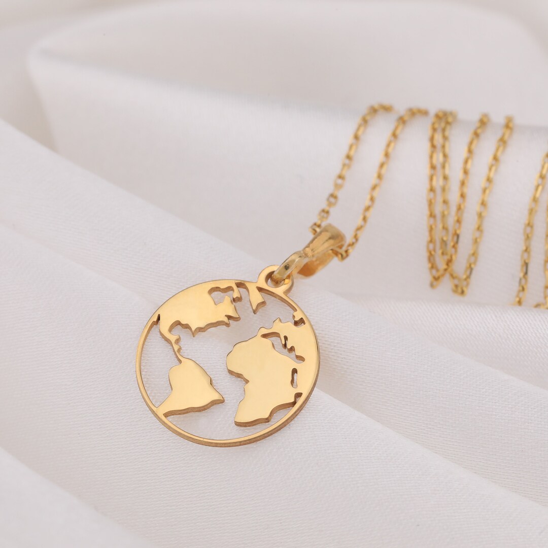 14K Solid Gold World Map Necklace, Silver Globetrotter Necklace, Earth ...