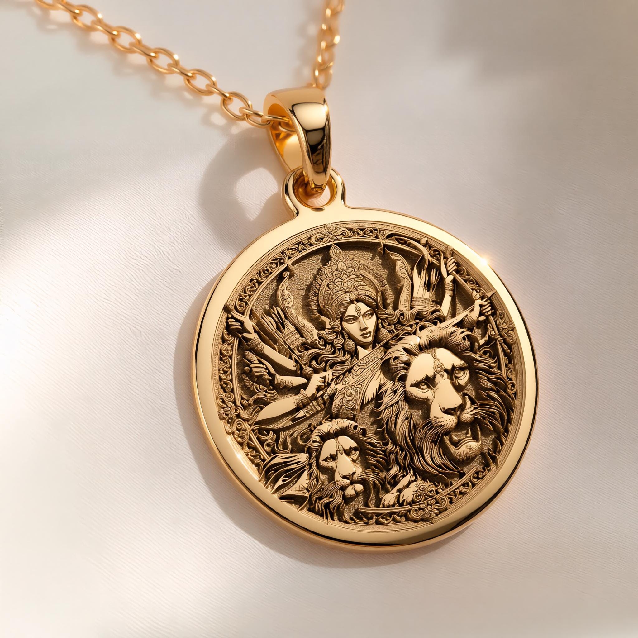 Durga Warrior Pendant: 14K Gold Ten Arms Weapon, Invincible Shakti Gem ...
