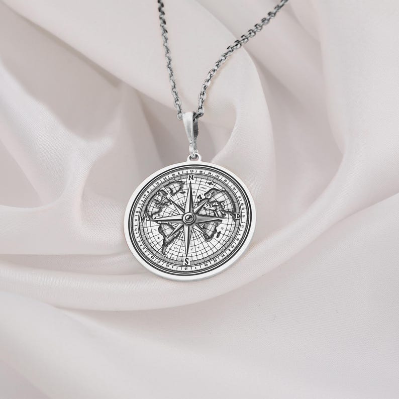 Compass Necklace, 14K Solid World Map Globe Pendant, Safe Travels Gift ...