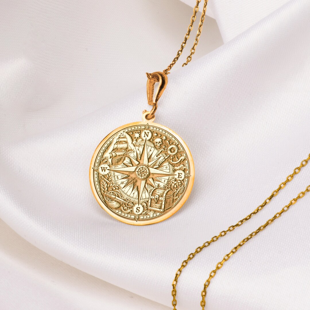 Compass Necklace: 14K Solid Gold Directional, Wayfinder Guide Charm - Etsy