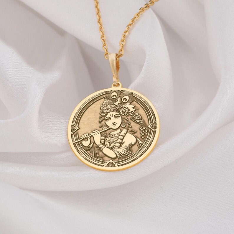 14K Solid Gold Krishna Coin Pendant - Sacred Hindu Protection Talisman ...