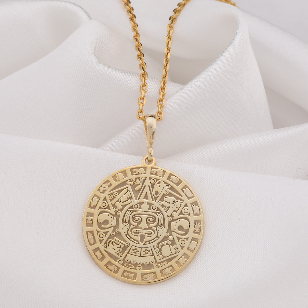 14K Solid Gold Aztec Calendar Pendant, Mayan Gold Jewelry, Perpetual ...