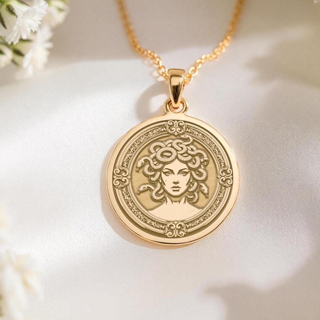 14K Solid Gold Medusa Coin Pendant - Snake Hair Gorgon Protection Charm ...