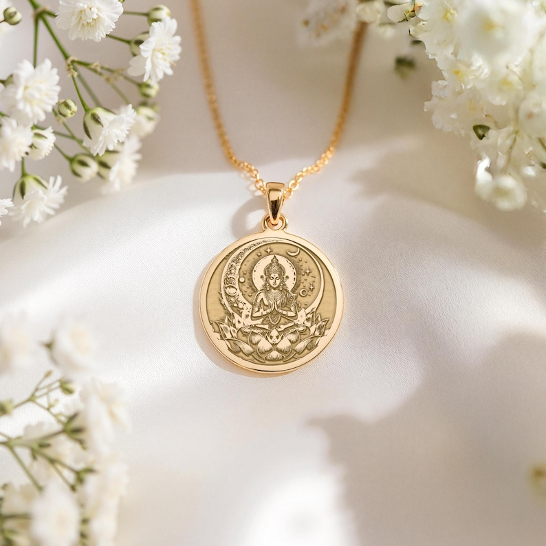 14K Solid Gold Chandra Moon Pendant - Vedic Astrology Antelope Chariot ...