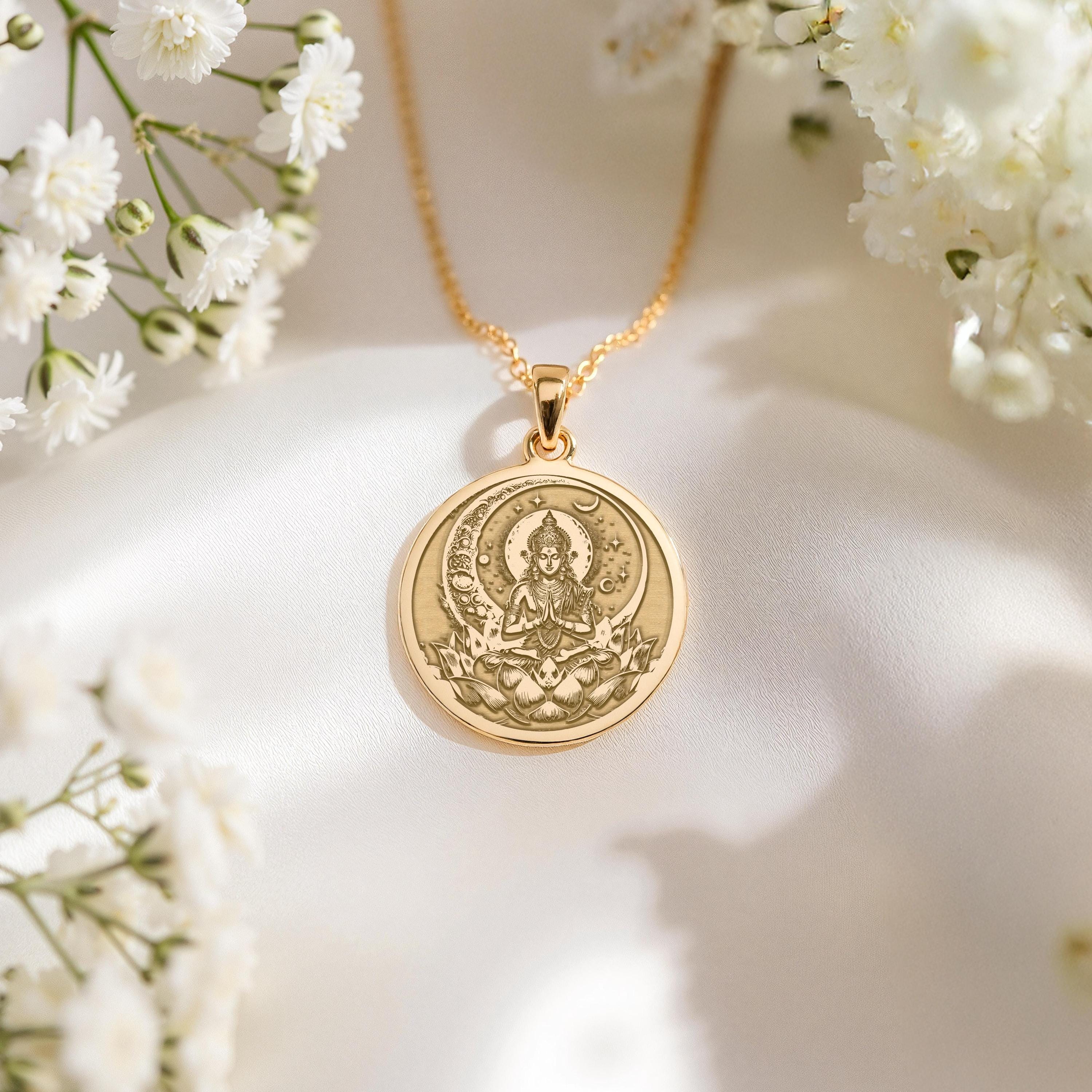 14K Solid Gold Chandra Moon Pendant - Vedic Astrology Antelope Chariot ...