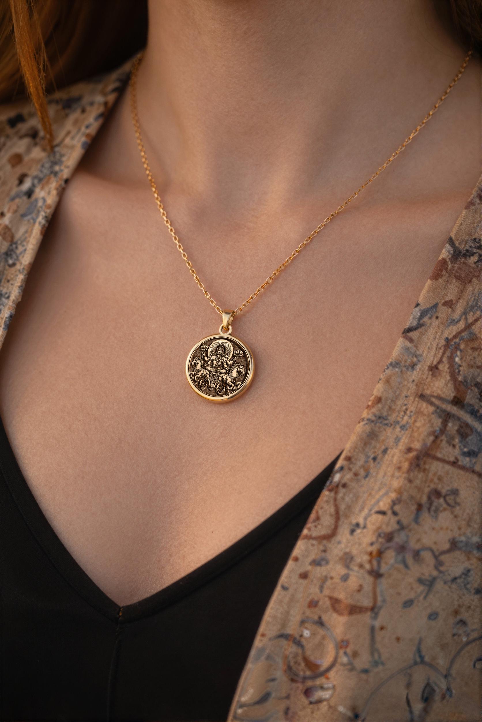 14K Solid Gold Surya Sun God Coin Pendant - Seven Horses Vedic Talisman ...
