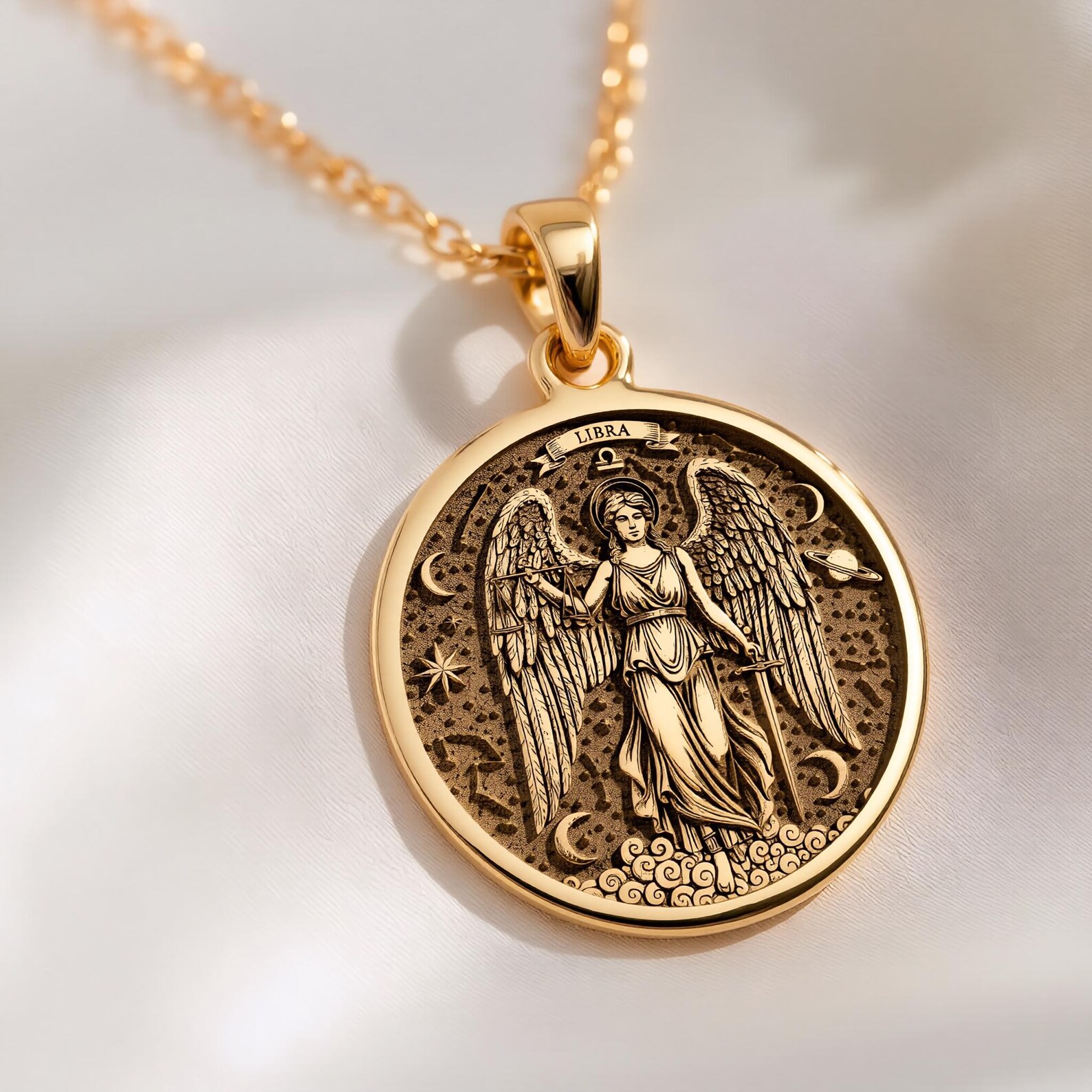 14K Solid Gold Libra Zodiac Coin Pendant - Celestial Scales Talisman - Etsy