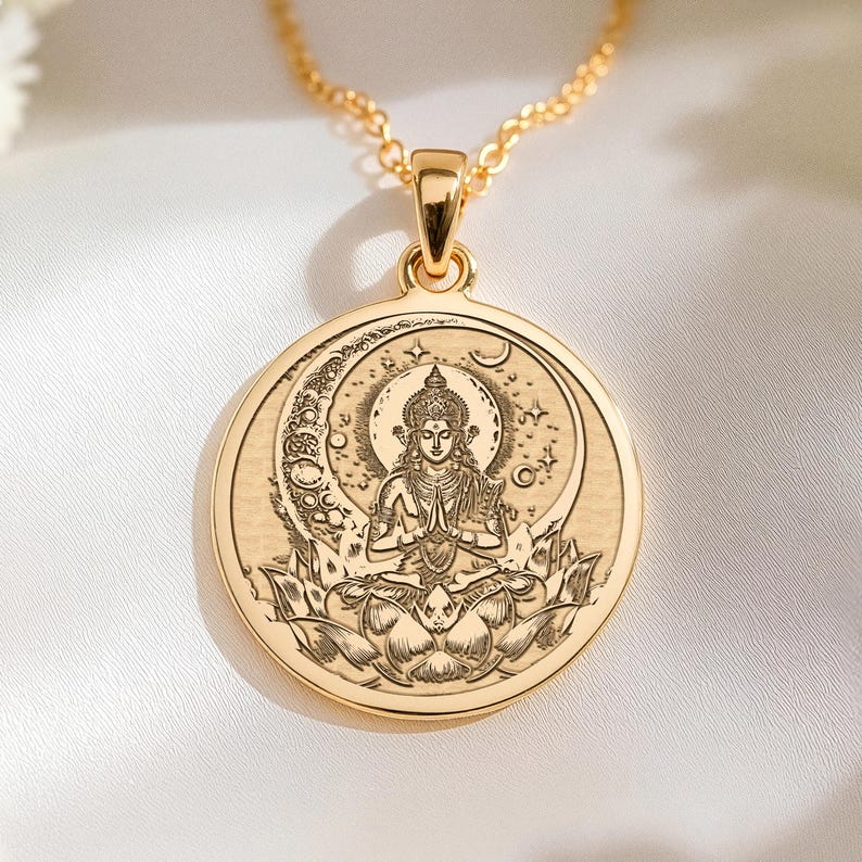 14K Solid Gold Chandra Moon Pendant - Vedic Astrology Antelope Chariot ...