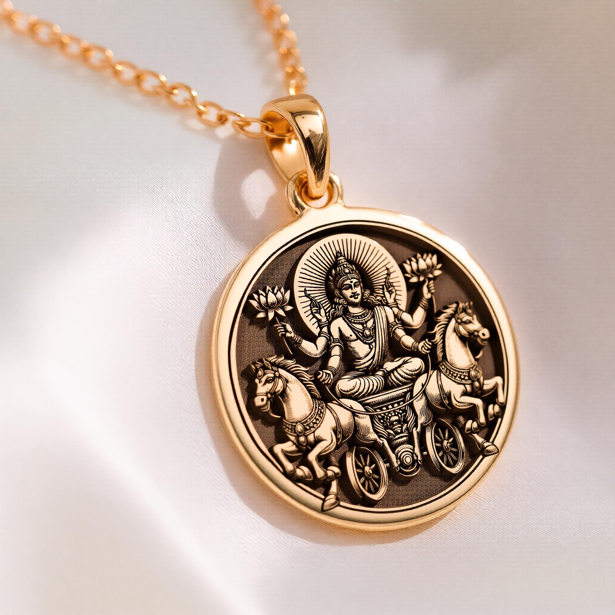 14K Solid Gold Surya Sun God Coin Pendant - Seven Horses Vedic Talisman ...