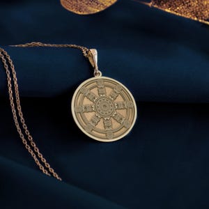 14K Gold Dharma Wheel Pendant Necklace, Buddhist Symbol Necklace ...