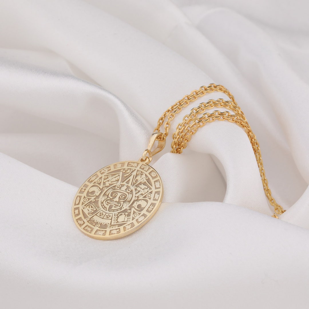 14K Solid Gold Aztec Calendar Pendant Mayan Gold Jewelry - Etsy