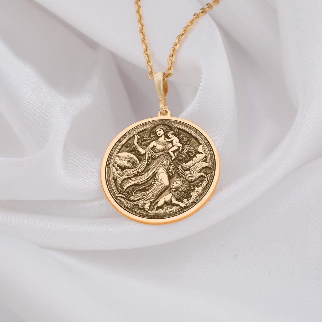 14K Gold Rhea Pendant Necklace, Greek Goddess Medallion, Personalized ...