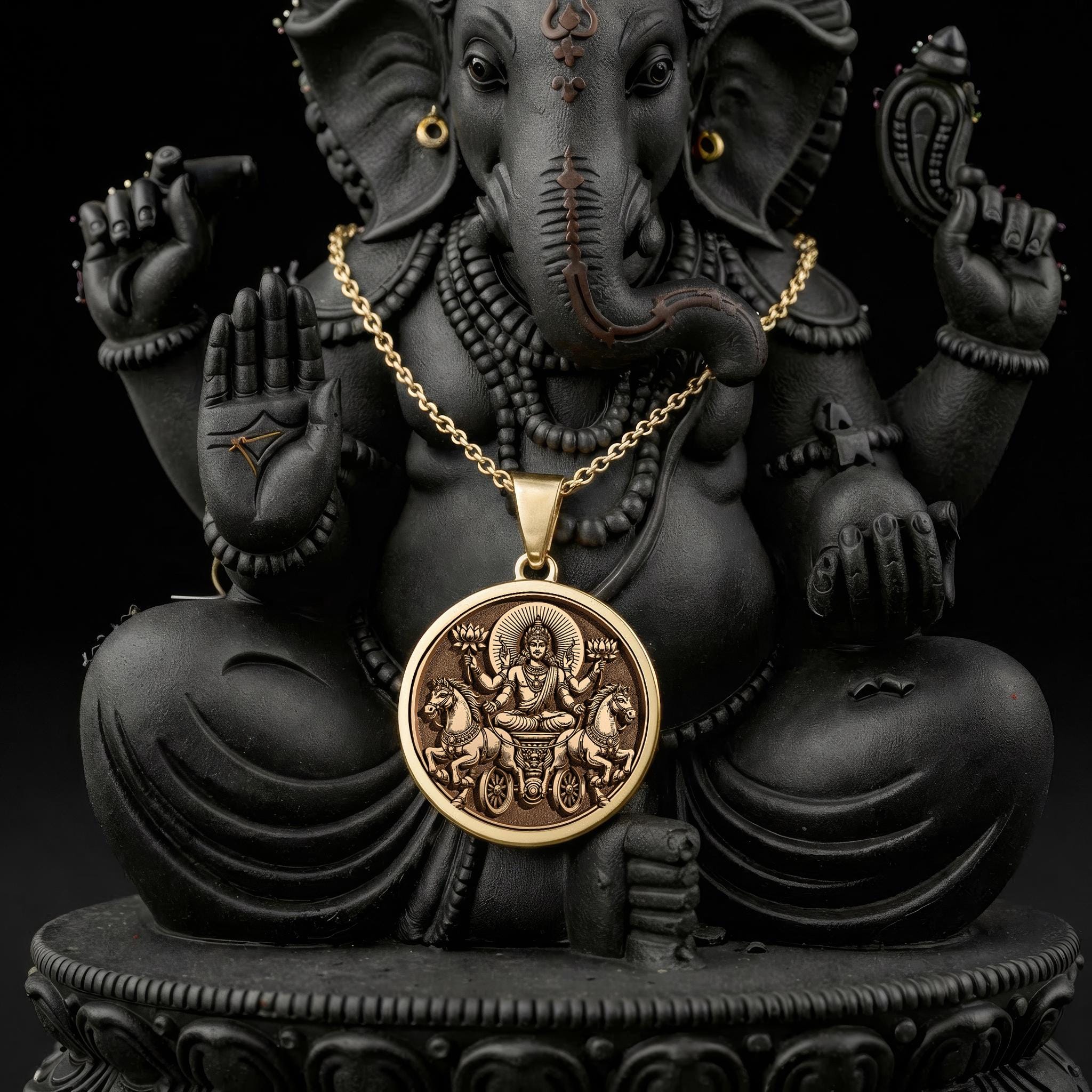14K Solid Gold Surya Sun God Coin Pendant - Seven Horses Vedic Talisman ...