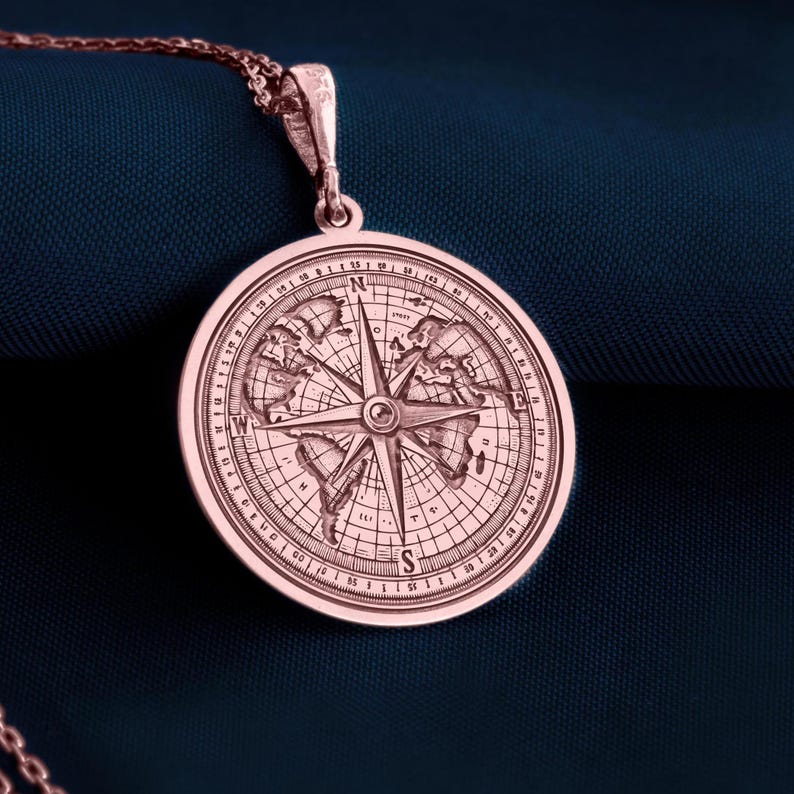 Compass Necklace, 14K Solid World Map Globe Pendant, Safe Travels Gift ...