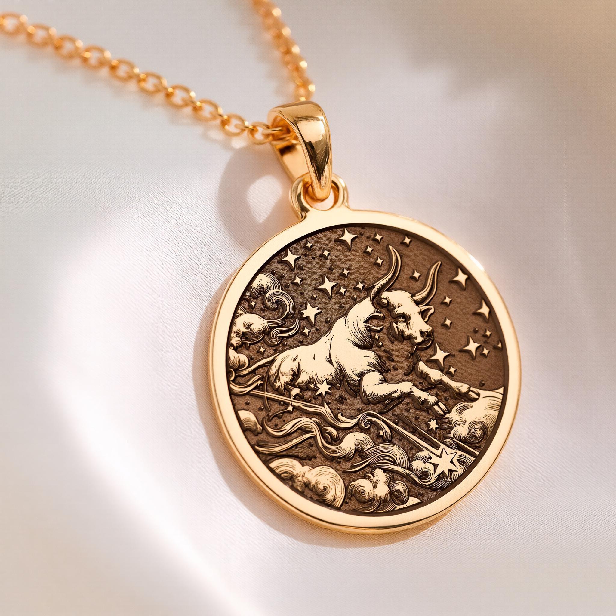Taurus Zodiac 14K Solid Gold Pendant - Bull Head Astrology Coin ...
