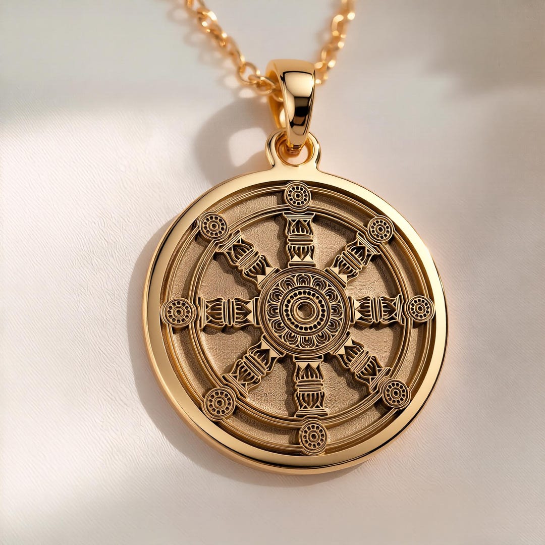 14K Solid Gold Dharma Wheel Pendant - Eightfold Path Buddhist Coin ...