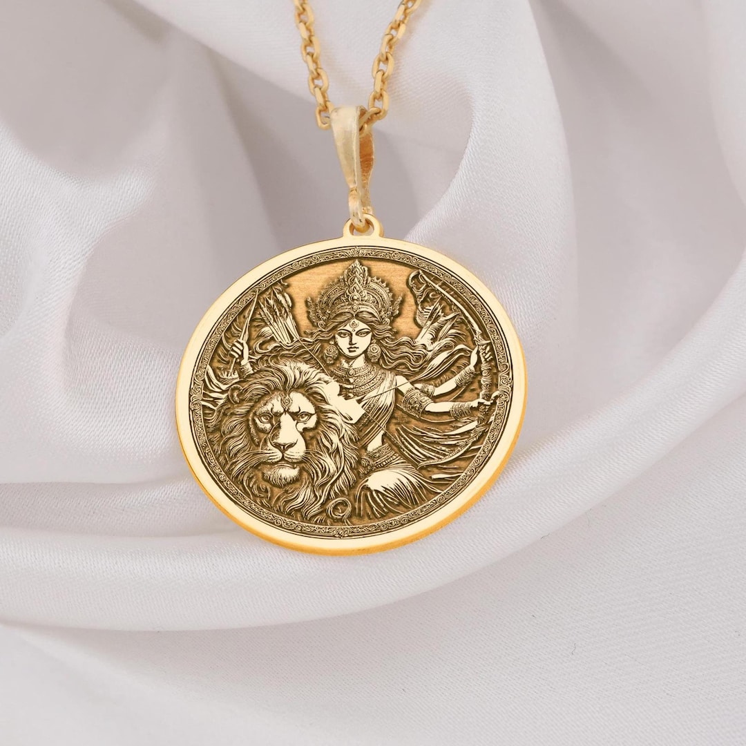 14K Solid Gold Durga Hindu Goddess Necklace, Hindu Goddess Pendant ...