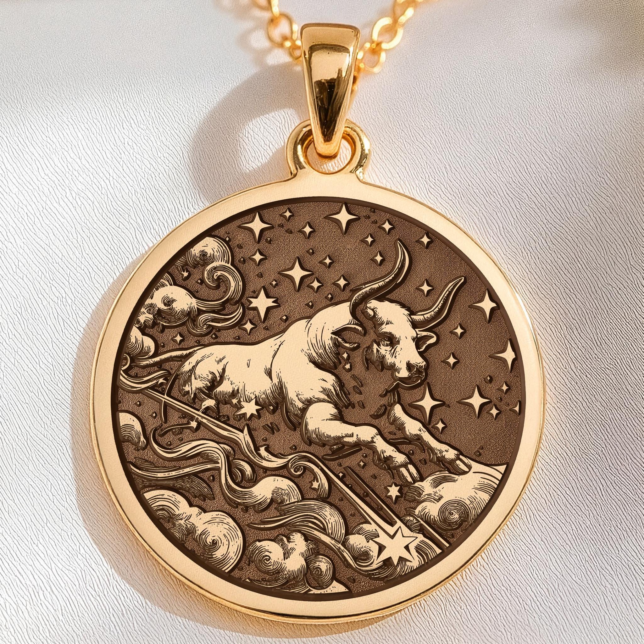 Taurus Zodiac 14K Solid Gold Pendant - Bull Head Astrology Coin ...