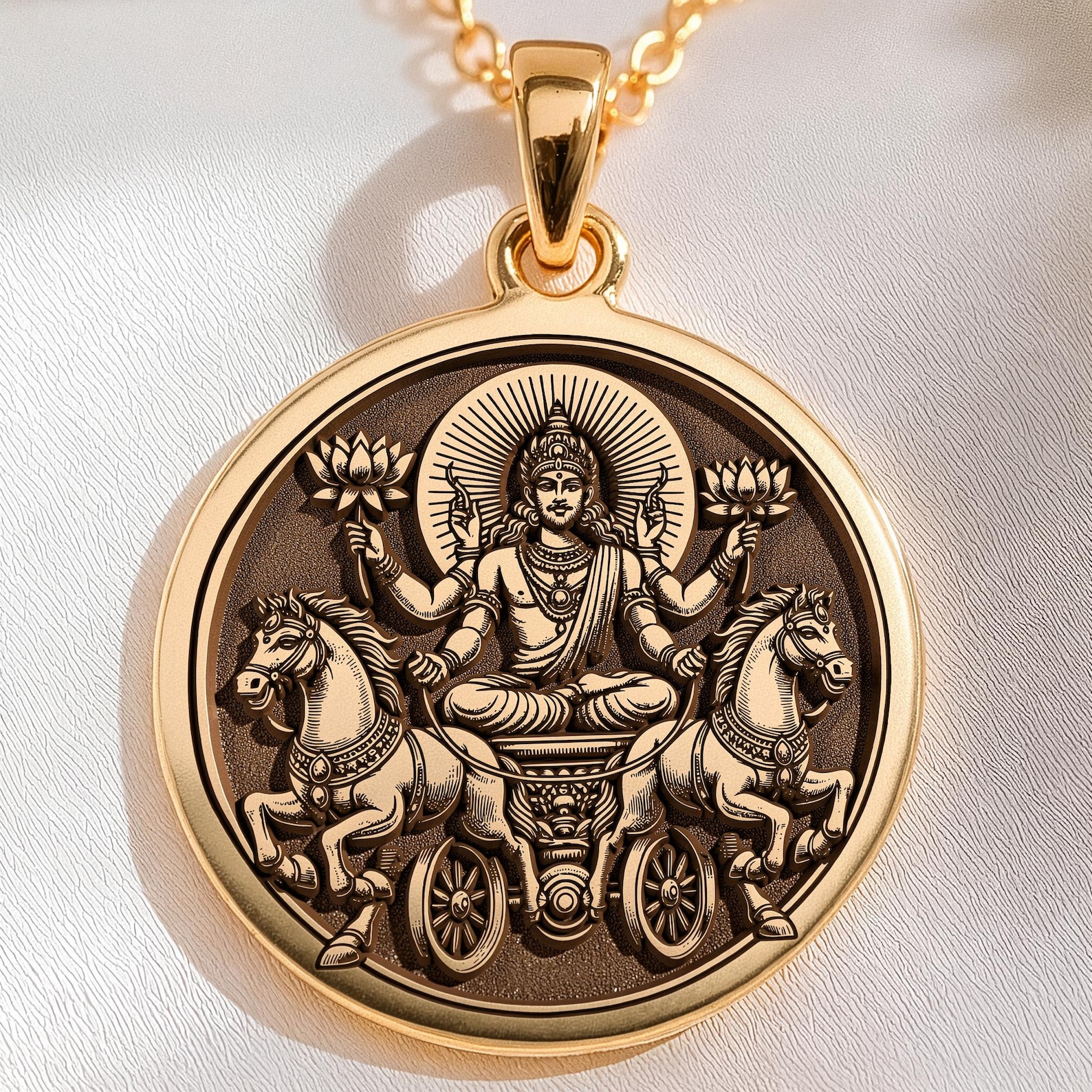 14K Solid Gold Surya Sun God Coin Pendant - Seven Horses Vedic Talisman ...