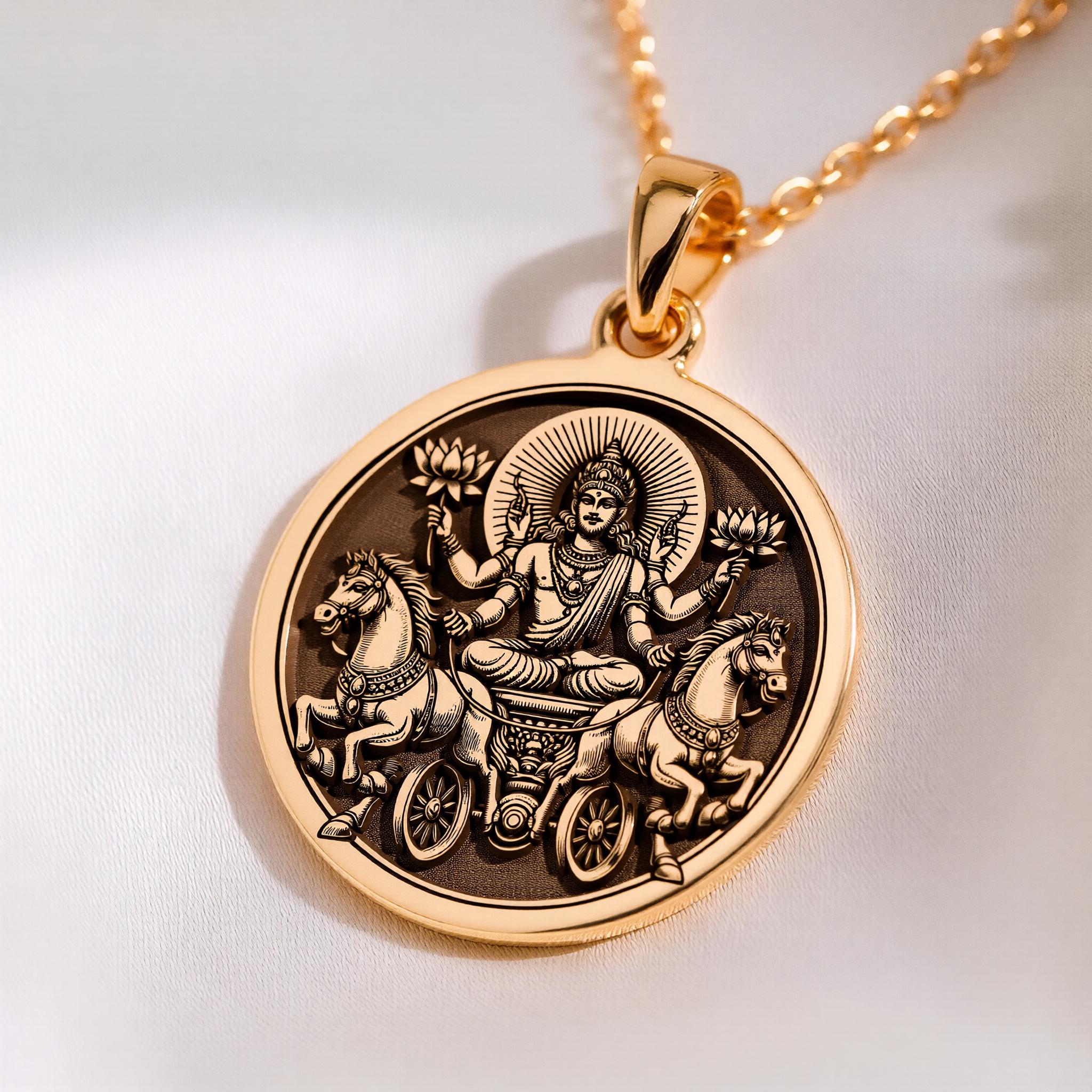 14K Solid Gold Surya Sun God Coin Pendant - Seven Horses Vedic Talisman ...