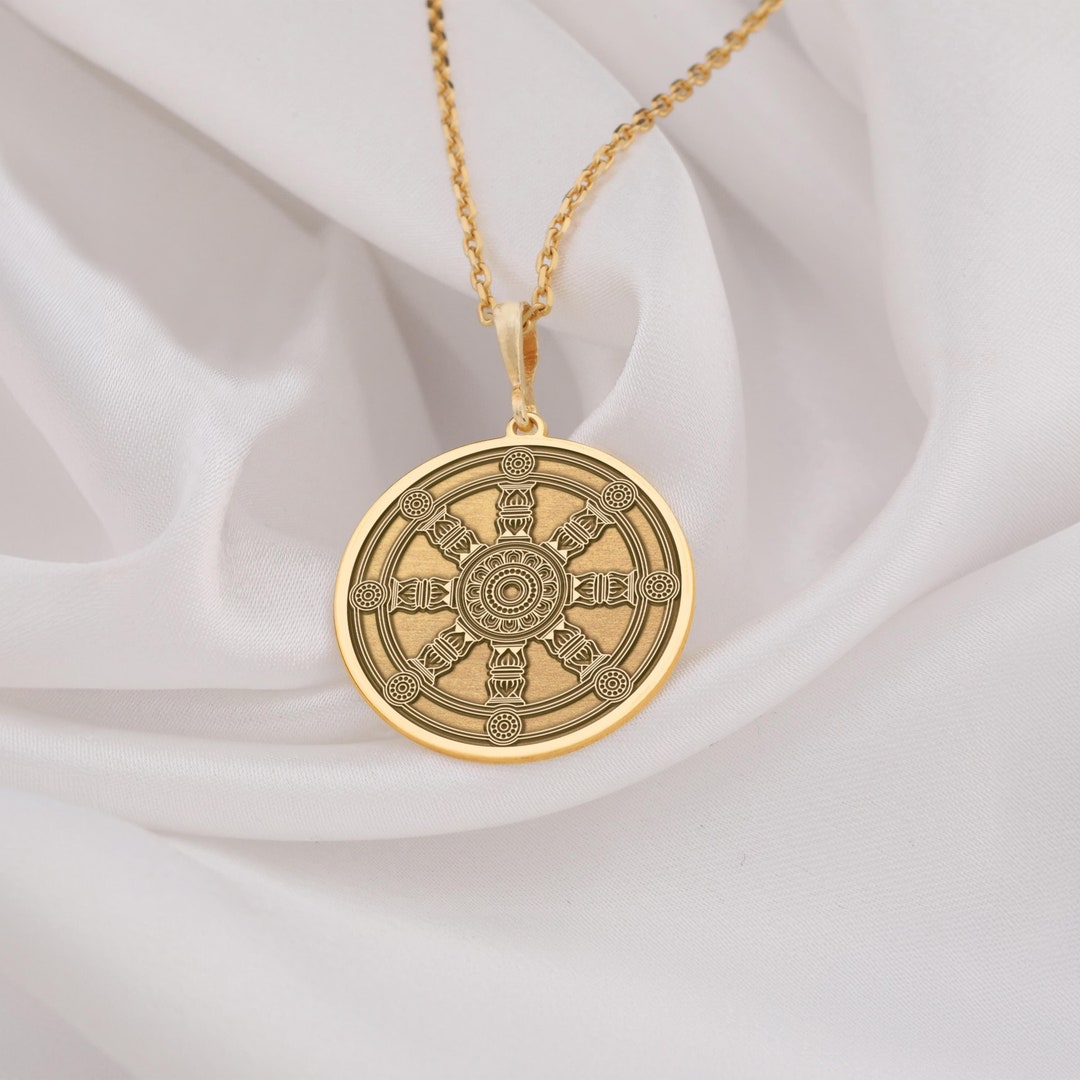 14K Gold Dharma Wheel Pendant Necklace, Buddhist Symbol Necklace ...