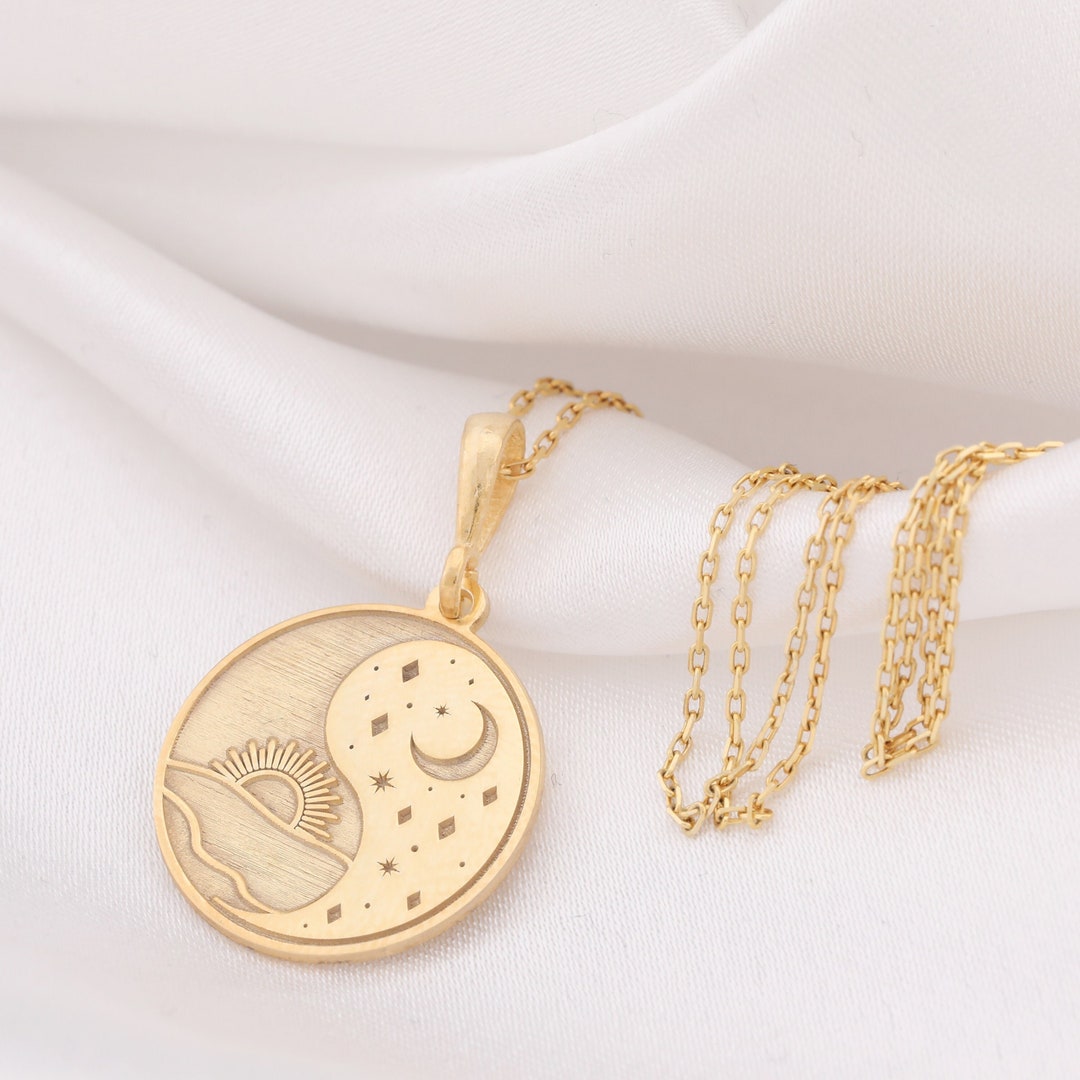 14K Solid Gold Sun and Moon Necklace, Celestial Jewelery, Astronomy ...