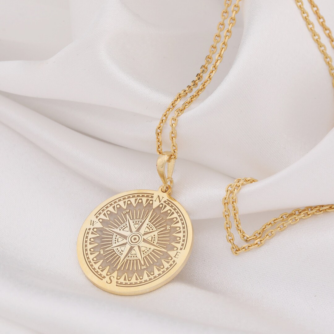 14K Solid Gold Compass Necklace, Scope Silver Charm Pendant ...