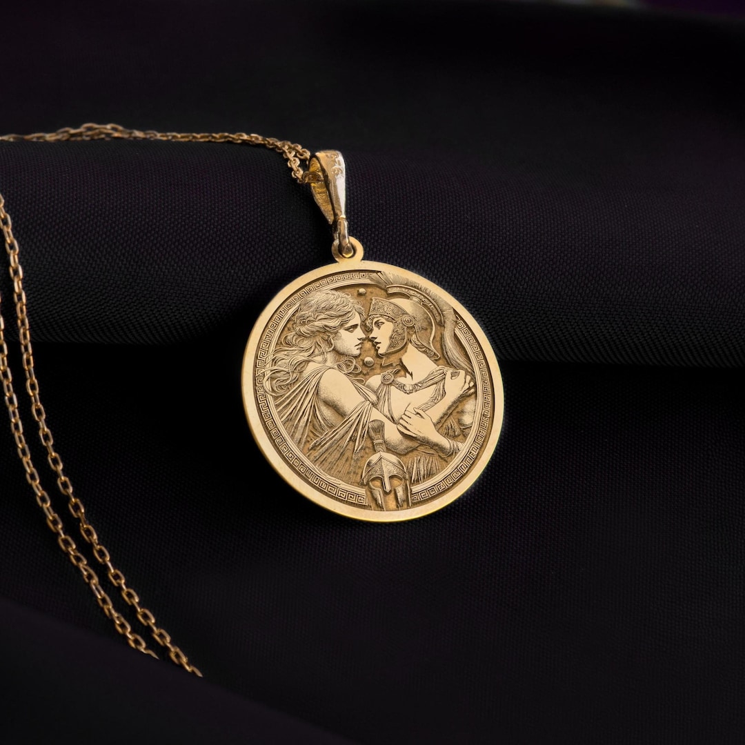 14K Gold Antiope and Theseus Pendant Necklace, Romantic Female Warriors ...
